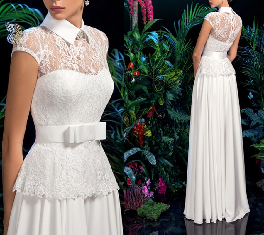 Lace Collared Neck Short Sleeves Floor Length A-line Satin Wedding ...